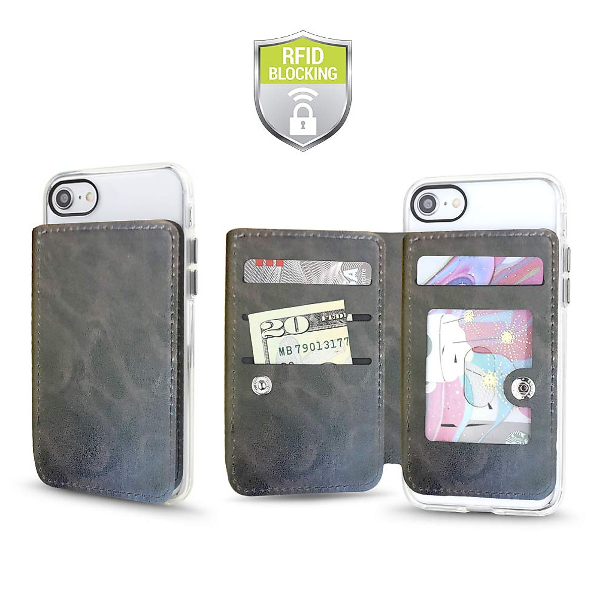 Cell Phone Wallet for Back of Phone, Stick On Wallet Credit Card ID Holder with RFID Protection Compatible with iPhone, Galaxy & Most Smartphones and Cases