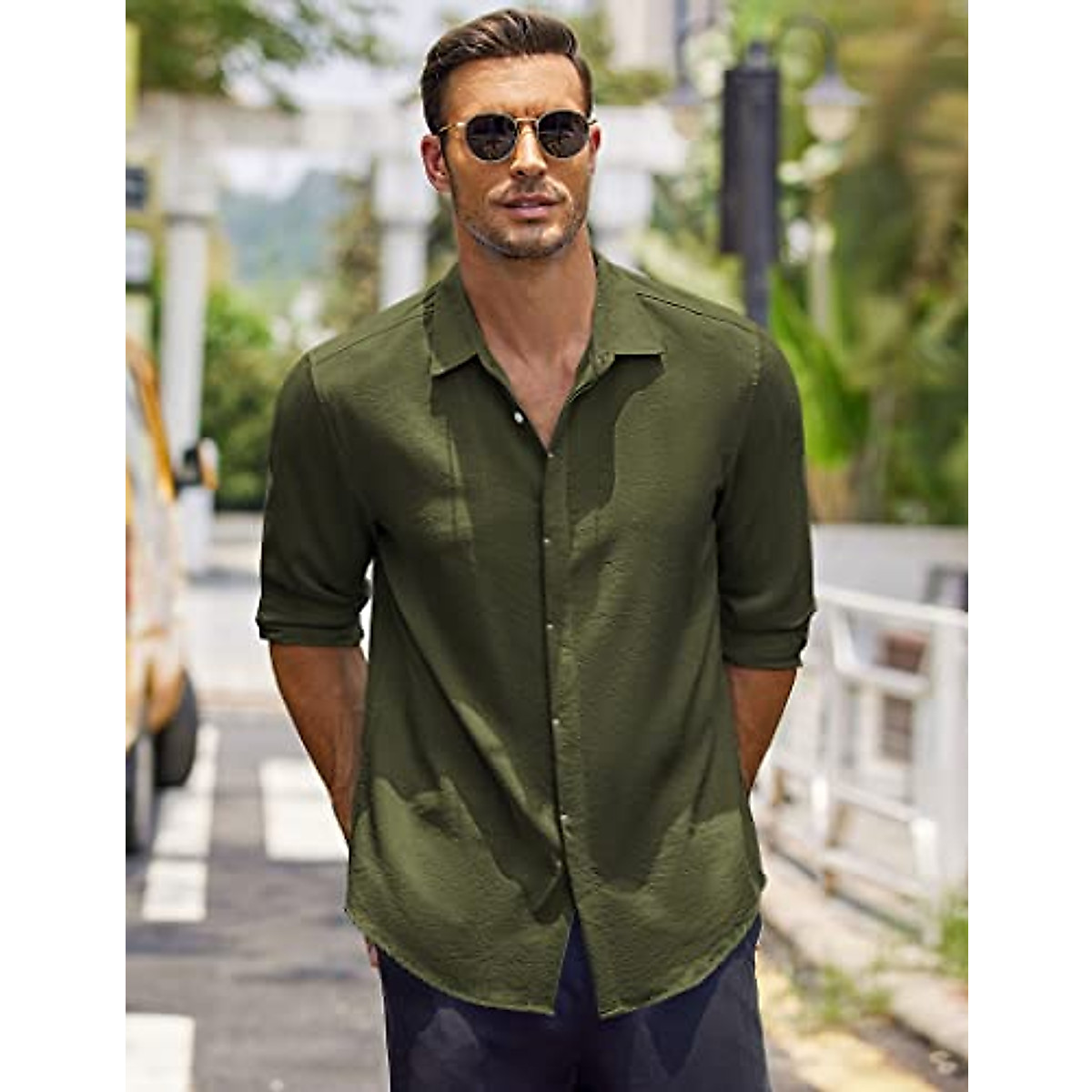 COOFANDY Men's Linen Shirt Long Sleeve Casual Button Up Shirt Beach Shirt for Men Summer Wedding Shirt Army Green