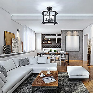 Farmhouse Semi Flush Mount Ceiling Light Fixture, 4-Light Industrial Ceiling Light Matte Black w/ E12 Base Metal Rustic Vintage Chandelier Lighting for Kitchen Dining Room Hallway Entryway Bedroom