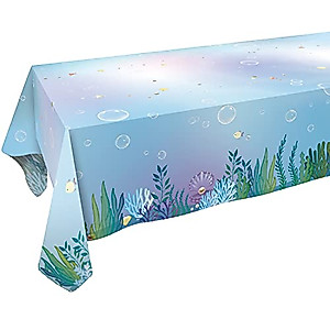9x5ft Fabric Under The Sea Tablecloth Little Mermaid Table Cover for Under Sea Birthday Party Decoration Bubble Ocean Beach Pool Wedding Reception Table Cloths Dessert Tablecloths Kids Party Supplies