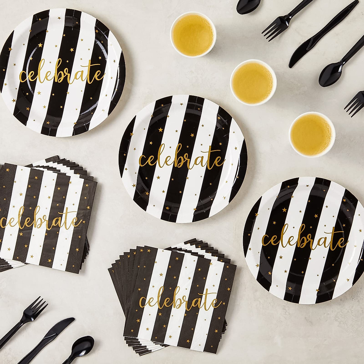 Juvale 144 Piece Black and White Party Supplies - Serves 24 Striped Celebrate Plates, Napkins, Cups and Cutlery Set for Birthday, Graduation