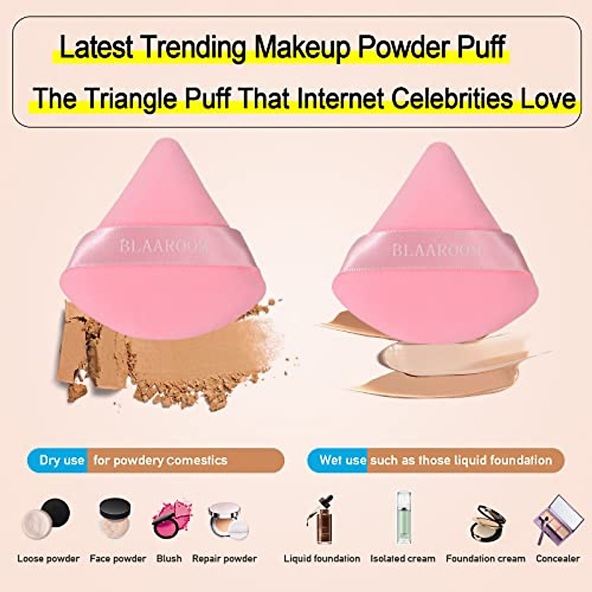 BLAAROOM 6 Pieces Powder Puff Face Makeup Velour Soft Triangle Powder Puffs for Loose Powder Mineral Powder Body Powder Wet Dry Cosmetic Foundation Sponge Makeup Tool - Pink
