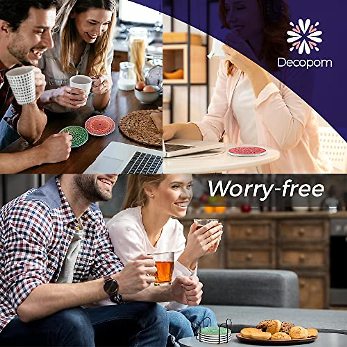 Mandala Drink Coasters with Holder - 8 Set Ceramic Boho Coasters for Drinks Absorbent with Cork Base and Black Holder - Coasters for Coffee Table Apartment Wooden Bar Mug Glasses Cup Beer