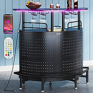 Tribesigns Home Bar Unit with LED Lights, 3 Tier Liquor Bar Table with Stemware Racks & Wine Storage Shelves, Smart Alcohol Bar Counter Wine Bar Cabinet Mini Bars for Home Kitchen Pub, Black