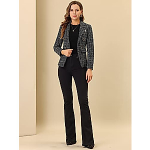Allegra K Women's Elegant Plaid Jacket Long Sleeve Open Front Tweed Blazer Medium Black
