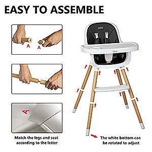 Kinder King 3 in 1 Convertible Baby High Chair, Wooden Highchair w/Double Removable Tray, Infant Feeding Chair-Toddler Chair, Adjustable Legs, Detachable Footrest & PU Cushion, 5-Point Harness, Black
