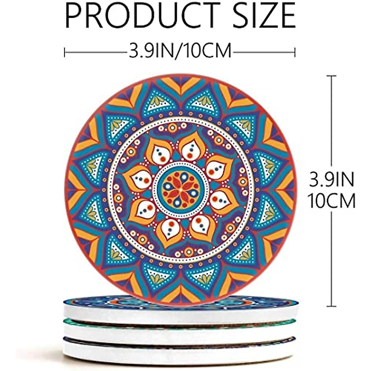 Teivio Absorbing Stone Mandala Ceramic Coasters for Drinks Cork Base with Holder, for Friends Funny Birthday Housewarming Apartment Kitchen Bar Decor, Suitable for Wooden Table, Coffee Table, Set of 8