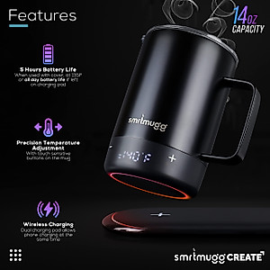 SMRTMUGG Create Heated Coffee Mug, Large 14 OZ, 5 Hour Battery Life, Precision Temperature Adjustment, Battery Powered Heated Coffee Mug Warmer, w/Dual Wireless Charging Pad Phone Charger (Black)