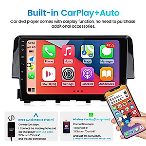 Biorunn Android 11 Car Stereo Radio for Honda Civic 2016 2017 2018 2019 2020,Built-in Car-Play Android Auto GPS Navigation Touch Screen Head Unit, FM AM RDS DSP 4G RAM 64G ROM