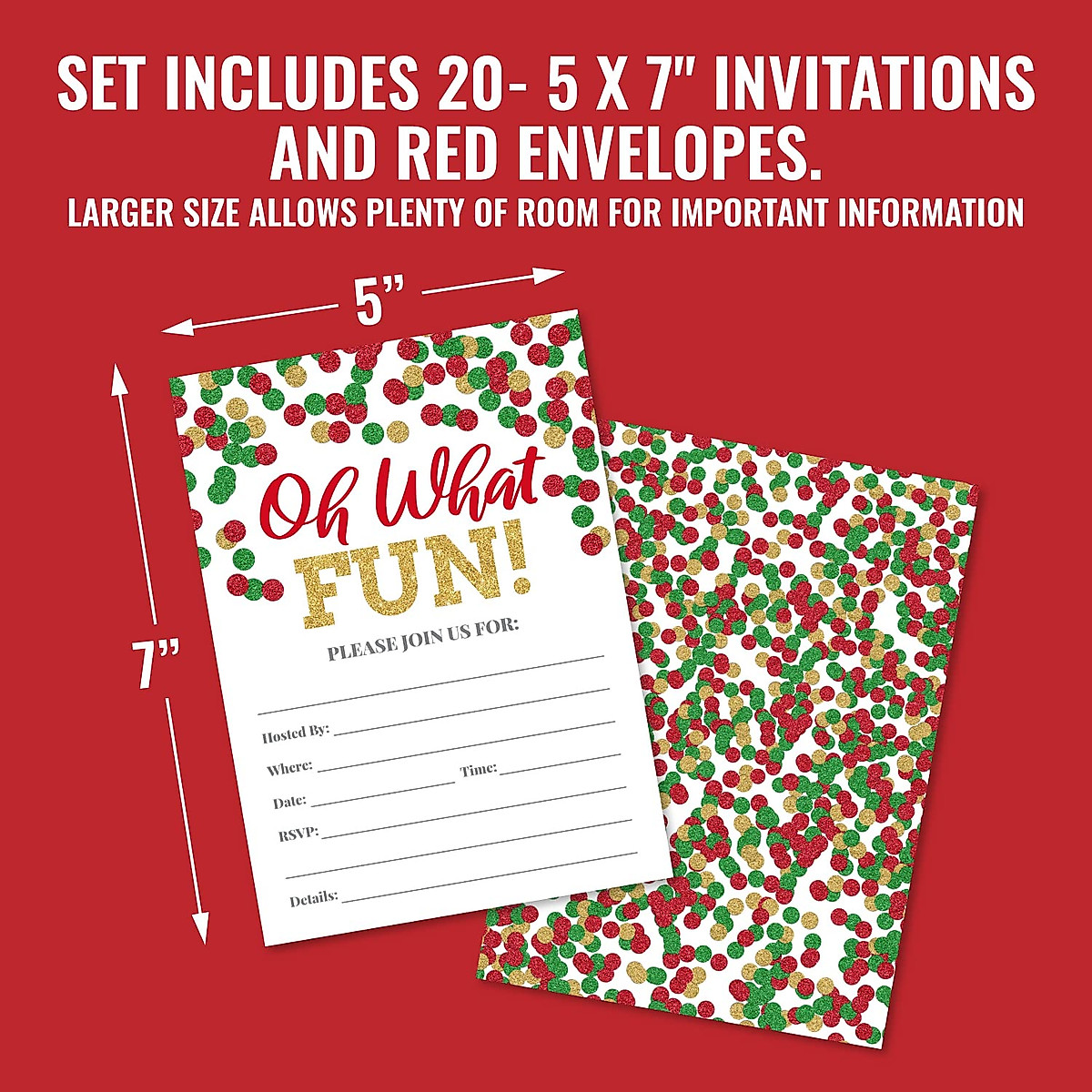 20 Holiday Party Invitations Oh What Fun with Red, Green and Gold Dots, (NOT real glitter) Christmas Eve, Office, Church, Bridal or Baby Shower, Friend, Family or Neighbor Season Events