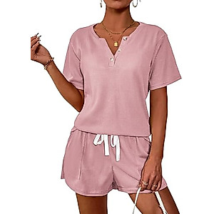 Ekouaer Women's Sets Comfy Waffle Pajamas Knit Sleepwear Button Down Lounge Set Short Sleeve Pjs with Pocket