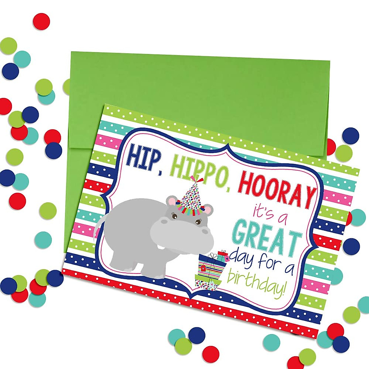 Hip HIPPO Hooray Birthday Pun Themed Single (1) All Occasion Blank Birthday Card To Send To Friends & Family, 4"x 6" (when folded) Fill In Greeting Note Card by AmandaCreation