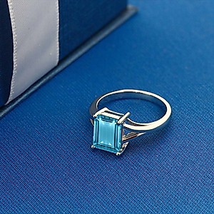 Gem Stone King 925 Sterling Silver Swiss Blue Topaz Solitaire Engagement Ring For Women (3.20 Cttw, Emerald Cut 9X7MM, Gemstone November Birthstone, Available in Size 5,6,7,8,9)