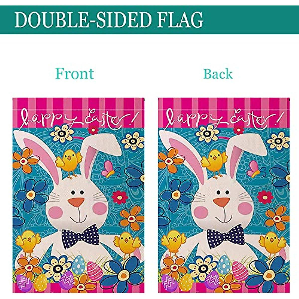 Happy Easter Garden Flag, Double Sided 12” x 18” Linen Tulip and Bunny Yard Flag for Spring Outside Yard Outdoor Farmhouse Easter Decorations (Blue)