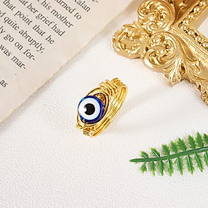 Turkish Blue Evil Eye Band Rings for Women Men Fashion Handmade Wire Wrapped Glass Bead Good Luck Symbol Statement Stacking Knuckle Middle Finger Ring Protection Amulet Lucky Jewelry Gifts Birthday (11)
