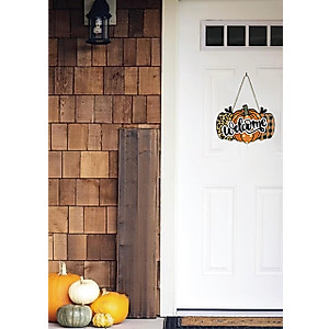 Fall Wreaths for Front Door Wooden Leopard Plaid Welcome Pumpkin Hanging Sign Front Porch Decor Door Sign Farmhouse Wall Living Room Home Decorations 11.8 x 7.9 Inch