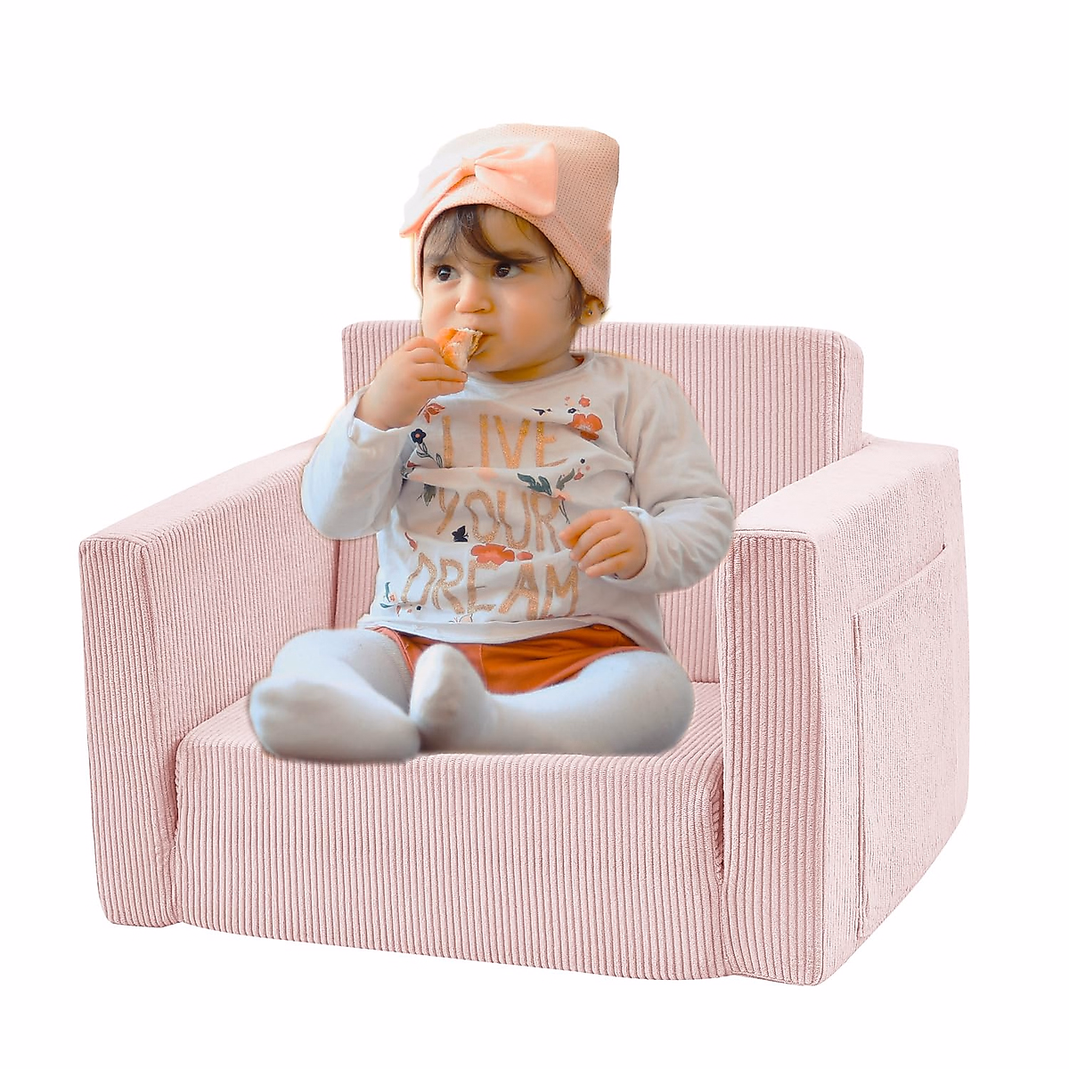 Kids Folding Sofa Chair Couch Foam Filled Lounge Toddler Chair Couch Cuddly Corduroy Comfy Bean Bag Chair Couch for Boys and Girls Light Pink 1-4T