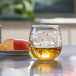 Rolf Glass School of Fish Stemless Red Wine Glass 16.75 oz | Made in the USA | Tumbler Wine Glasses | Lead-Free | Etched Stemless Wine Glasses (Set of 2)