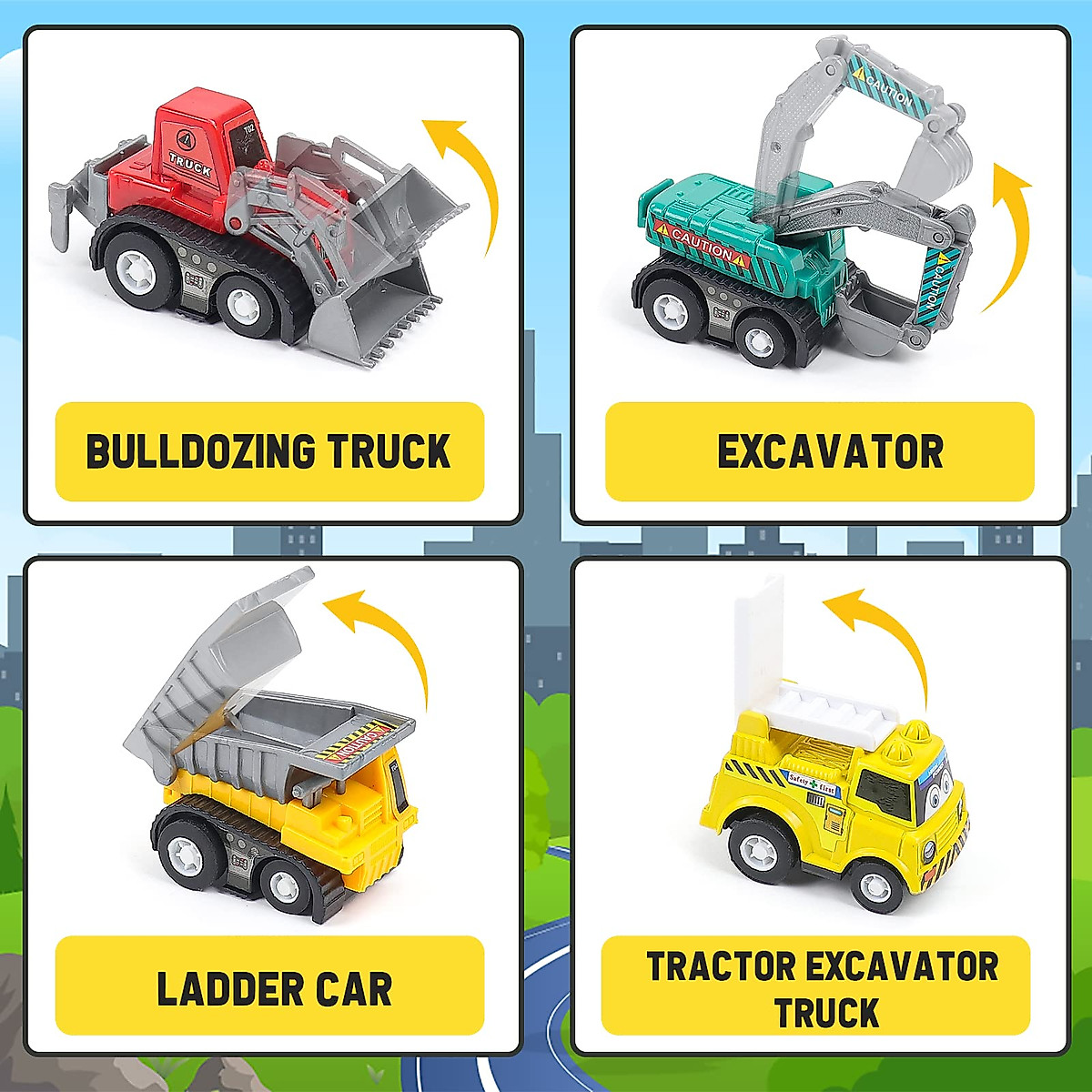 jerryvon 14 Mini Cars & 7 Acrylic Display Boxes Construction Pull Back Vehicle Toys for 3 4 5 Year Old Toddlers Boys Kids Trucks Tractor Bulldozer Party Favors Supplies Birthday Gift