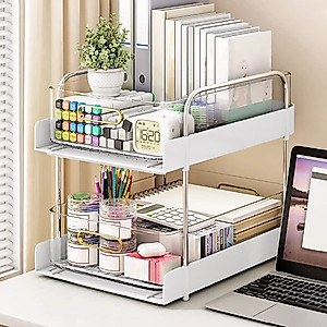 OLizee® 2 Tier Pull Out Organizer Acrylic Under Cabinet Drawer Organizer Sliding Drawer Storage Bins Slide-out Basket Under Sink Organization Shelf for Bathroom Kitchen Office White
