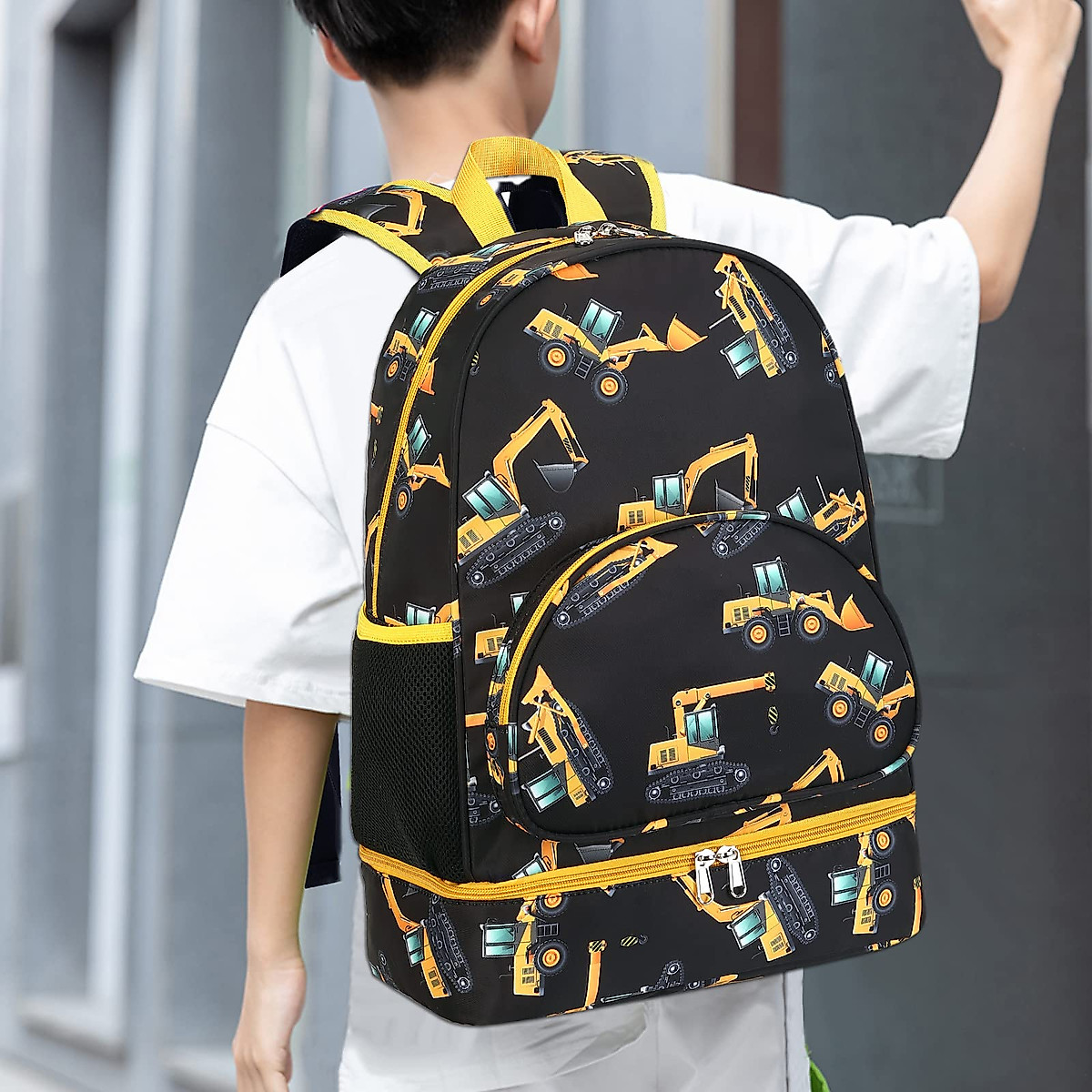 LEDAOU Kids School Backpack with Lunch Cooler Compartment 2 in 1 Boys Girls Bookbag and Insulated Lunch Bag for Preschool Kindergarten Elementary (Construction Vehicle)