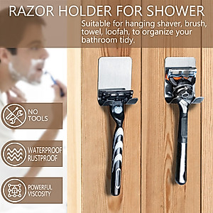klasit Razor Holder for Shower,Silvery Stainless Steel Razor Holder, Waterproof Self-Adhesive Shaver Holder,Simple Installation,Hanger Hooks for Bathroom or Kitchen Organisation
