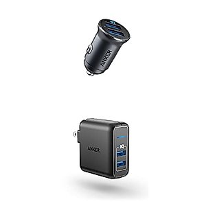 Anker Car Charger, Mini Aluminum Alloy 24W Dual USB Car Charger with Elite Dual Port 24W Wall Charger