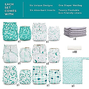 Simple Being Reusable Cloth Diapers, Double Gusset, One Size Adjustable, Washable Soft Absorbent, Waterproof Cover, Eco-Friendly Unisex Baby Girl Boy, six 4-Layers Microfiber Inserts (Geometrics)