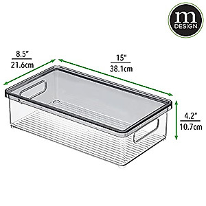 mDesign Plastic Stackable Bathroom Cabinet Storage Bin with Handles/Lid - Bin for Vanity, Countertop, Drawer Organization - Hold Soap, Towels, Accessories, Ligne Collection, 2 Pack, Clear/Smoke Gray