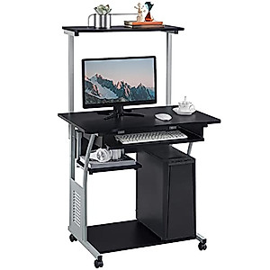 Topeakmart 3 Tier Computer Desk with Printer Shelf and Keyboard Tray, Home Office Desk Computer Workstation Rolling Study PC Laptop Table for Small Spaces Black