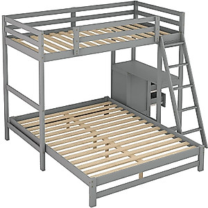 Bunk Beds Twin Over Full Size with Built-in Desk and Three Drawers, Wooden Storage Bunk Beds with Removable Bottom Bed ,Bunk Beds with Ladder & Guardrails for Kids Girls Boys ,Grey