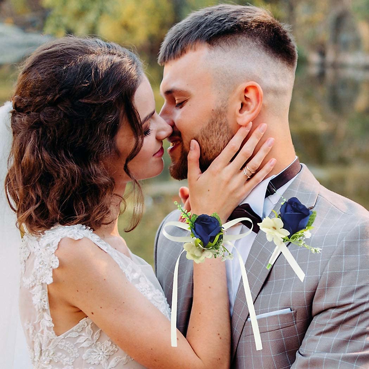 Latious Bride Wedding Corsage and Boutonniere Set Rose Wrist Corsages and Men Boutonnieres Set Prom Flowers Accessories Suit Decorations for Bride and Groom (3-Blue)