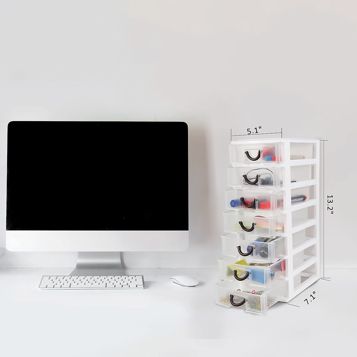 Rempry 7.1"x5.1"x13.2" Mini Organizer Box Storage Container Case with 7 Clear Desktop Drawer Units,White