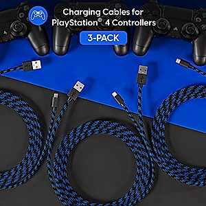 TALK WORKS Micro USB Controller Charger Cable for Playstation 4-6-Foot Long Braided Heavy-Duty Fast Charger Cord for PS4, Blue-Black (3 Pack)