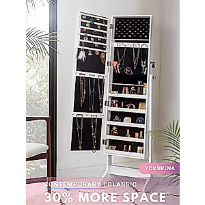 YOKUKINA Jewelry Cabinet Free Standing Large Storage Lockable Armoire, Full Length Dressing Mirror Organizer(White)