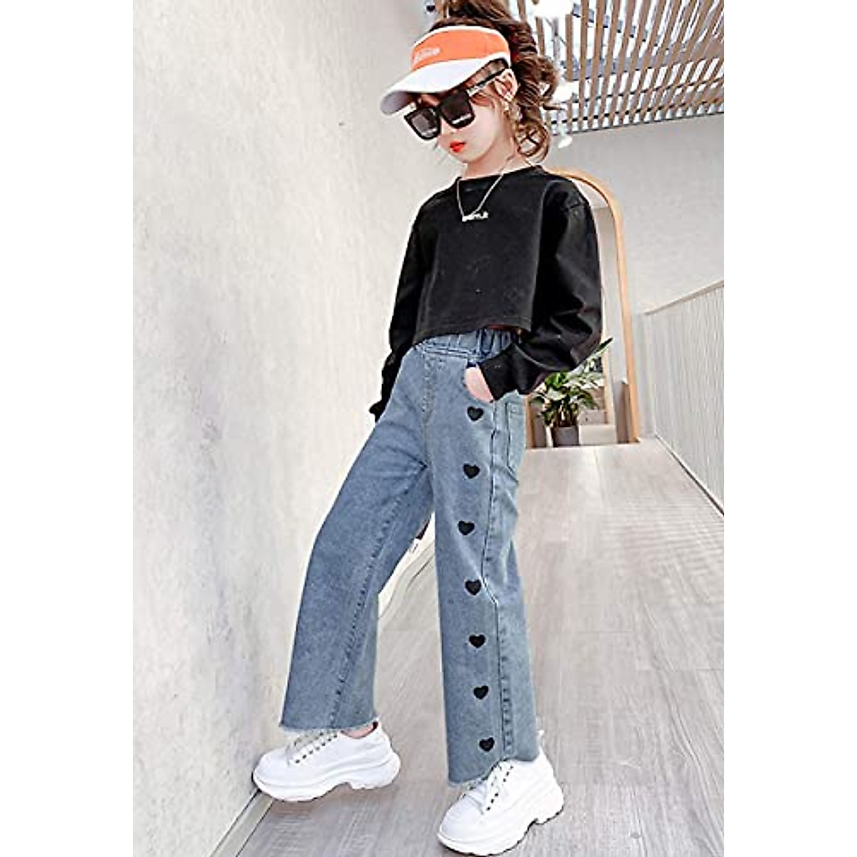 NABER Kids Girls' Casual Elastic Waist Denim Pants Heart Pattern Wide Leg Fashion Jeans Age 4-14 Years (14-15 Years) Blue