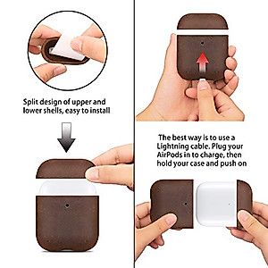 AirPods Leather Case Cover, MAOGOAM Genuine Vintage Oil Wax Crazy Horse Cowhide Leather Case for Airpods 1&2 Generation, Indiana Jones Style, Handcrafted Fully, (Dark Brown)