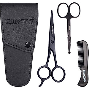 BlueZOO Beard Mustache Scissors and Comb Kit with PU Storage Bag, Rounded Safety Nose Hair Scissor for Men and Women Care Grooming, Ear Trimming Tool, Shears for Personal Grooming, Cutting & Styling