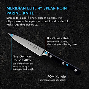 Messermeister Meridian Elite 4” Spear Point Paring Knife - Fine German Steel Alloy Blade - Rust Resistant & Easy to Maintain