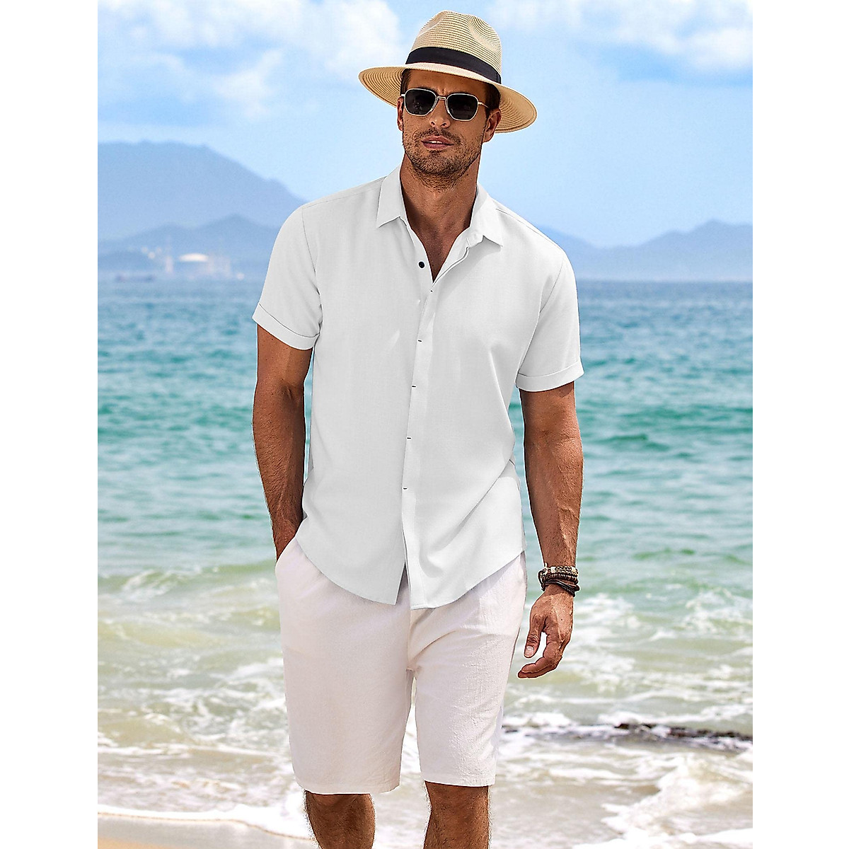 COOFANDY Men's Summer Linen Shirt - Short Sleeve, Casual Button Down, Beach Wedding - White