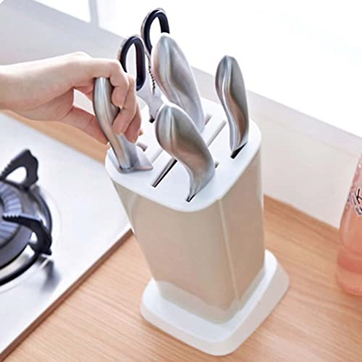 Universal Knife Block Plastic Block Without Knives: Kitchen Counter Universal Holder Modern Blocks Storage Organizer for Home Kitchen Restaurant Beige Knife Inserted Holder