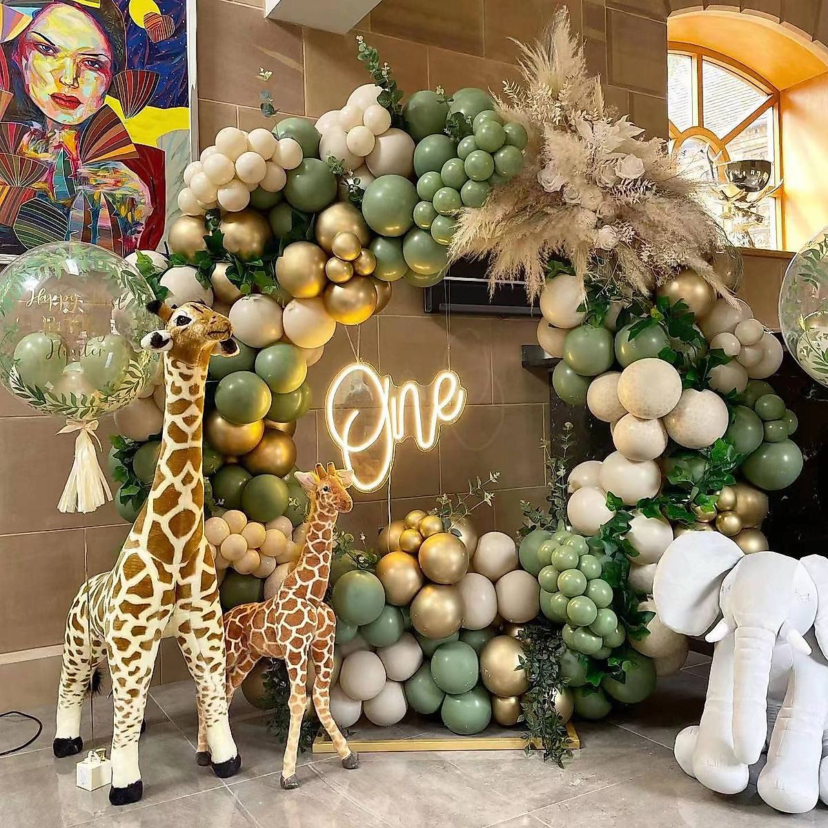 Safari Balloon Garland Arch Kit, 170pcs Sage Green White Sand Double Stuffed Brown Balloons with Animal Print Jungle Birthday Girl Baby Shower Wild One Decor for Giraffe Woodland Balloon Arch Kit