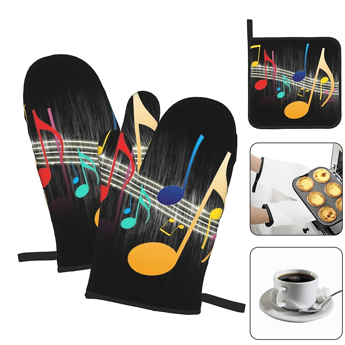 Colorful Musical Note Oven Mitts and Pot Holders Sets of 3 Washable Heat Resistant Hot Pads Non-Slip BBQ Gloves for Kitchen Cooking Baking Grilling