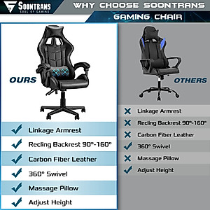 Soontrans Gaming Chair Black,High-Back Computer Chair,Ergonomic Game Chair,Racing Gamer Chair with Adjustable Headrest and Lumbar Support (Carbon Black)
