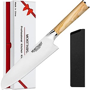 MOKITHAND Santoku Knife 7 Inch Kitchen knife, Super Sharp Japanese Chef Knife with Sheath, German 1.4116 Steel Asian Cooking Knife for Meat Vegetable Fruits, Olive Wood Handle and Gift Box