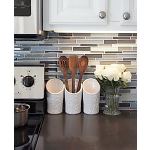 iEnjoyware Kitchen Tool Crock (4 Pieces) - 3 Ceramic Utensil Holders (4" Dia x 7" H each) & 1 Metal Caddy - White & Embossed Design