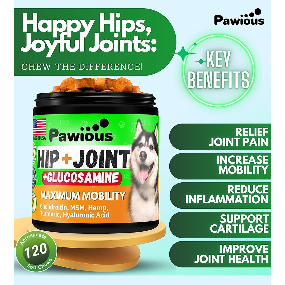 Pawious Hip and Joint Chews for Dogs - Glucosamine for Dogs - Dog Joint Pain Relief - Chondroitin, MSM, Turmeric, Hemp Oil Treats - Advanced Support Dog Joint Supplement Health - Mobility Bites