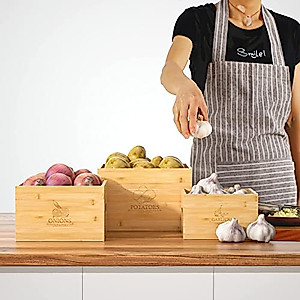 G.a HOMEFAVOR Potato and Onion Storage Bamboo Bin, 3 Piece Garlic Potato Onion Container, Potato Storage Vegetable Keeper, Bamboo Produce Box Sets For Kitchen Counter