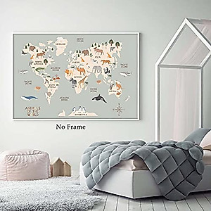 World Map Poster Animals Nursery Educational Wall Pictures Green World Map Wall Art Animal Nursery Pictures Animal Map Canvas Wall Art Nursery World Map Wall Art Watercolor Map Wall Art 16x24in No Frame