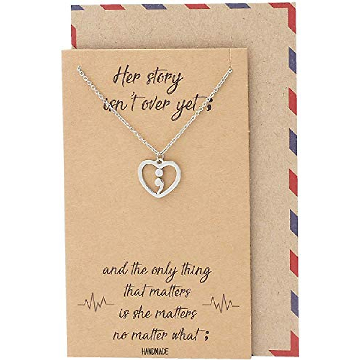 Quan Jewelry Continue Semicolon Heart Necklace, Mental Health Awareness, Encouragement Gifts for Women